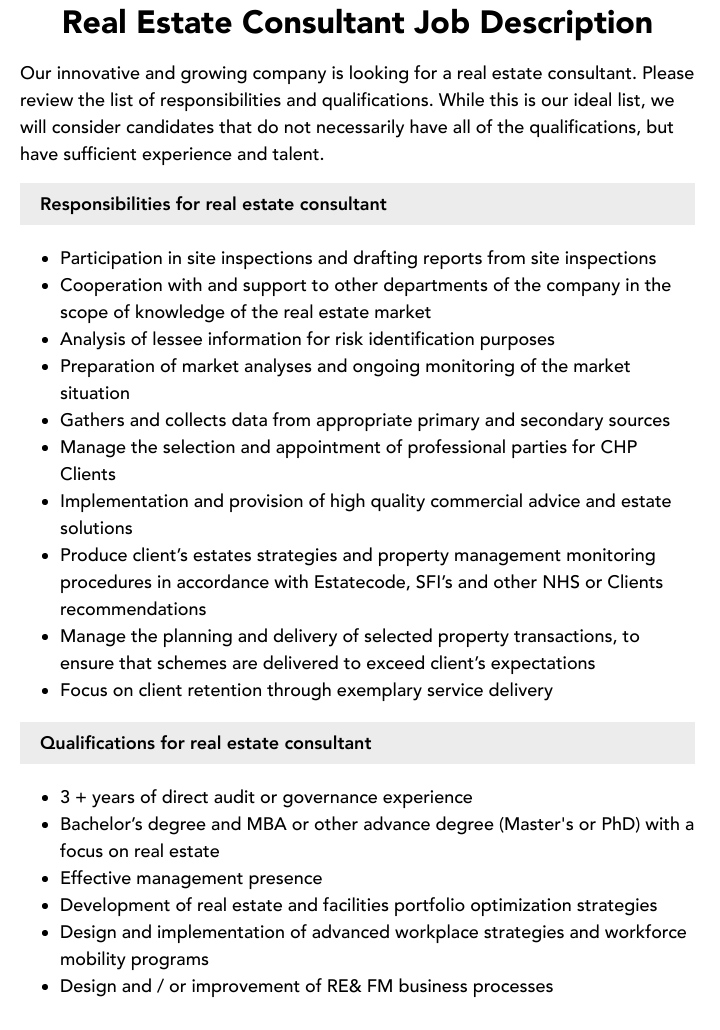 Real Estate Consultant Job Description Velvet Jobs