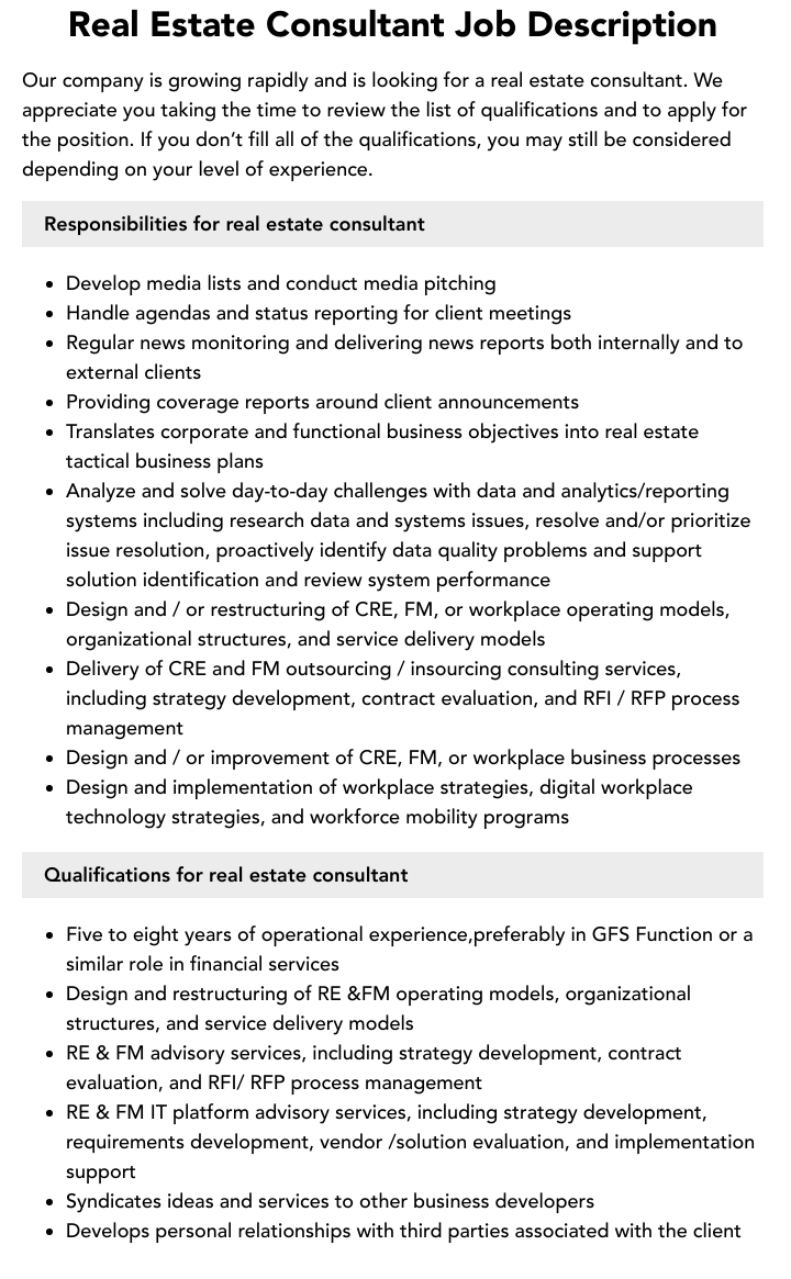 Real Estate Consultant Job Description Velvet Jobs