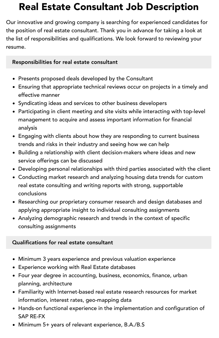 Real Estate Consultant Job Description Velvet Jobs
