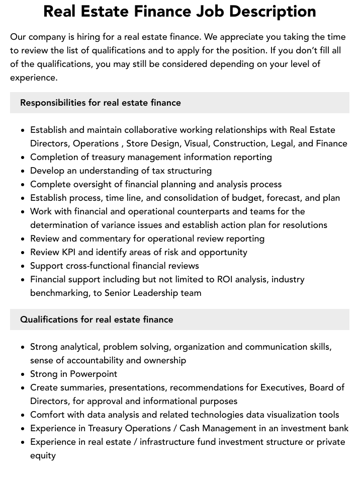 Real Estate Finance Job Description Velvet Jobs Real Estate Finance Job Description Velvet Jobs
