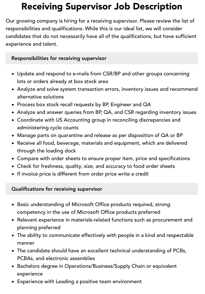 Receiving Supervisor Job Description Velvet Jobs