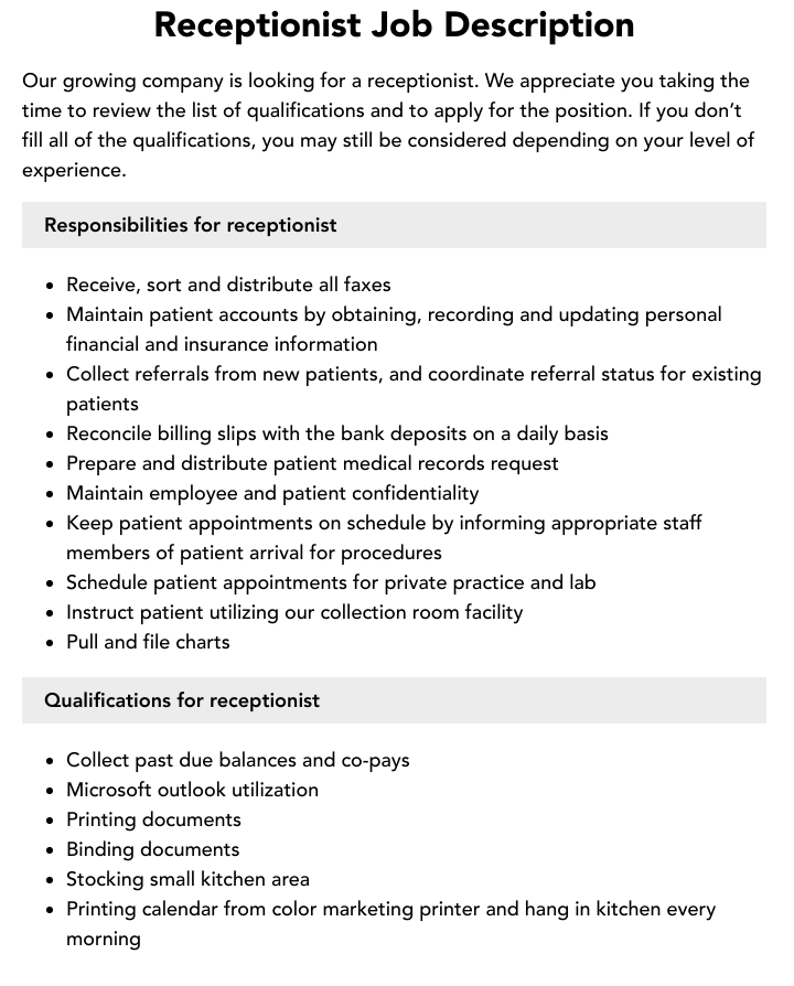 Receptionist Job Description Velvet Jobs