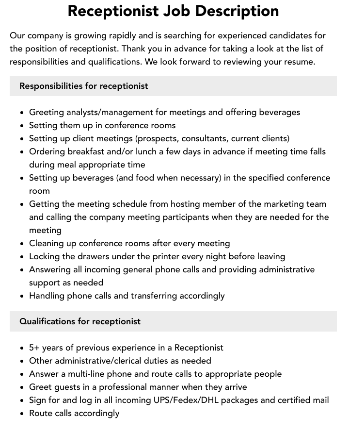 Receptionist Job Description Velvet Jobs