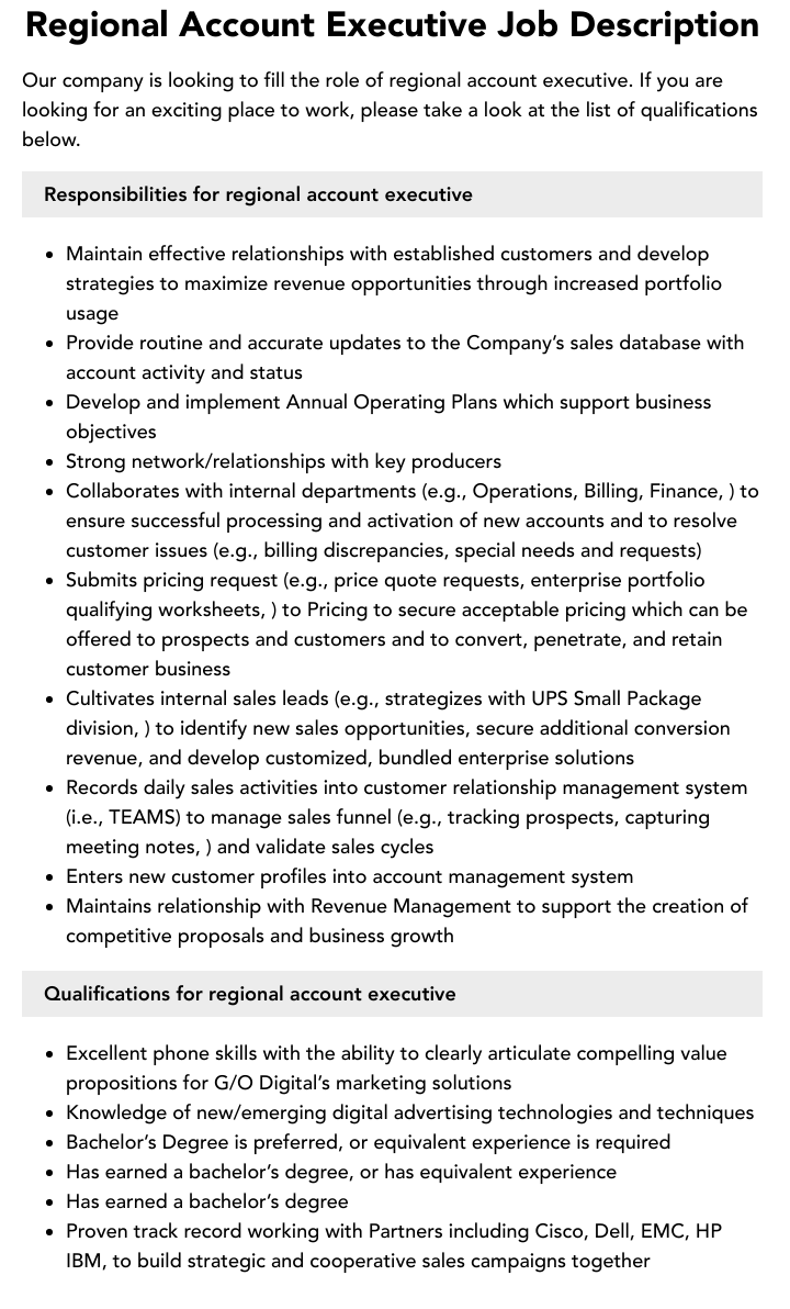 Regional Account Executive Job Description Velvet Jobs
