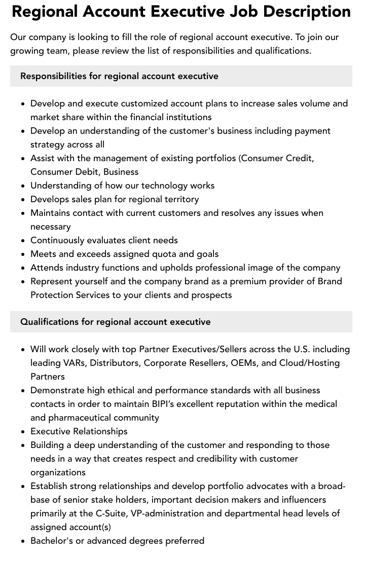 Regional Account Executive Job Description Velvet Jobs