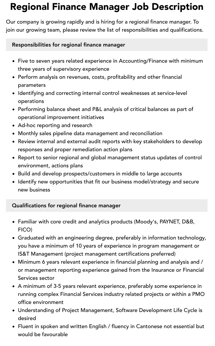 Regional Finance Manager Job Description Velvet Jobs