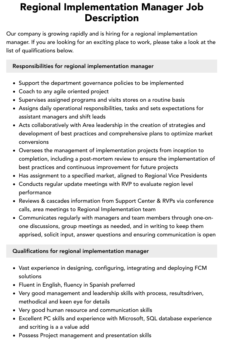 Regional Implementation Manager Job Description Velvet Jobs