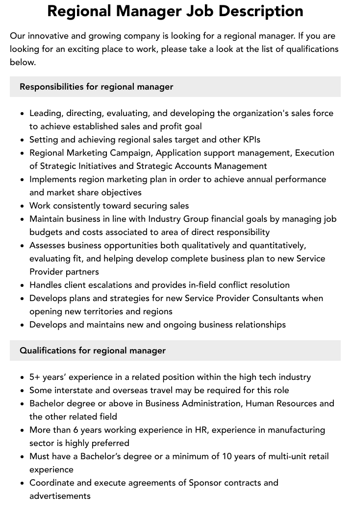 Regional Manager Job Description Velvet Jobs