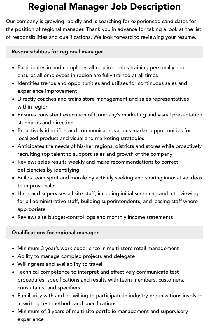 Regional Manager Job Description Velvet Jobs