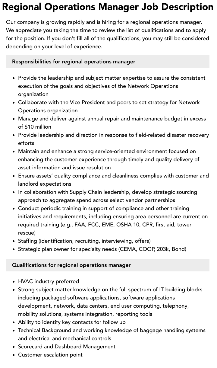 Regional Operations Manager Job Description | Velvet Jobs