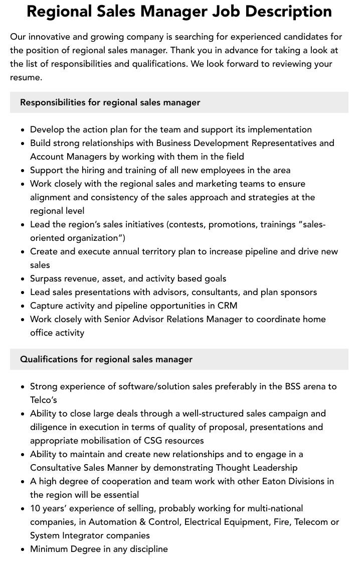 Regional Sales Manager Job Description Velvet Jobs