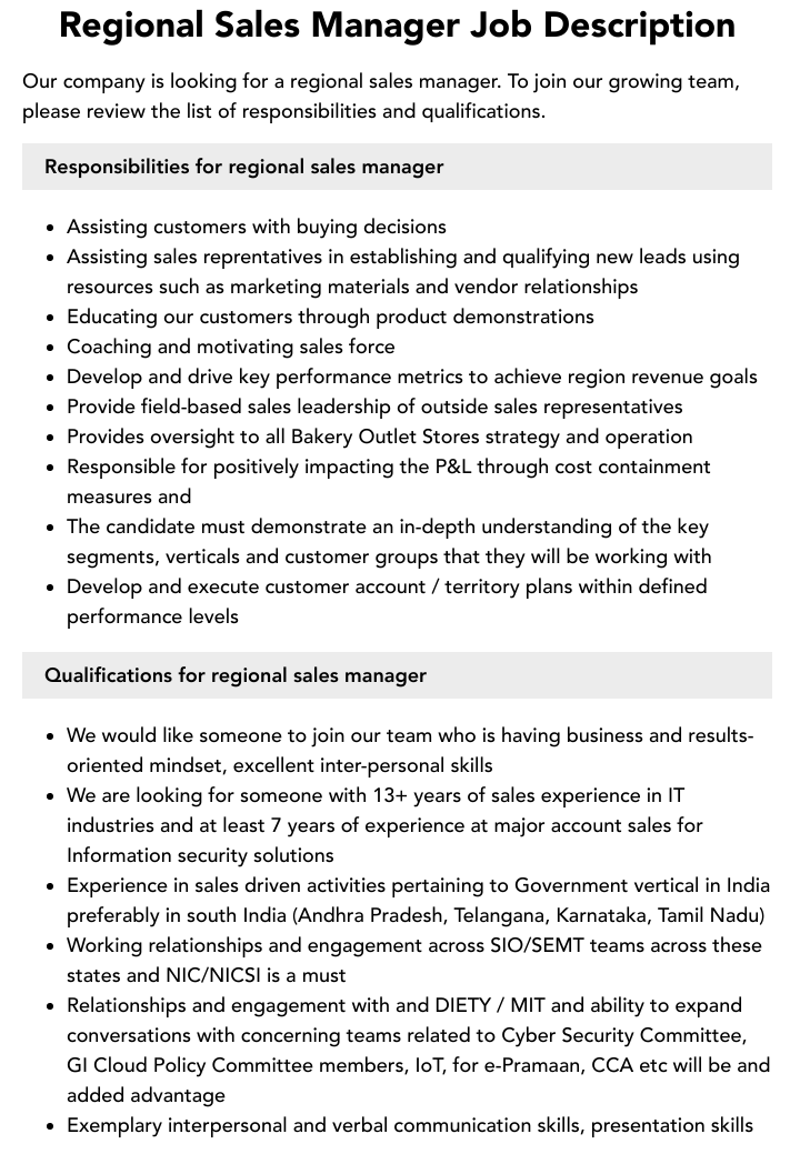 Regional Sales Manager Job Description Velvet Jobs