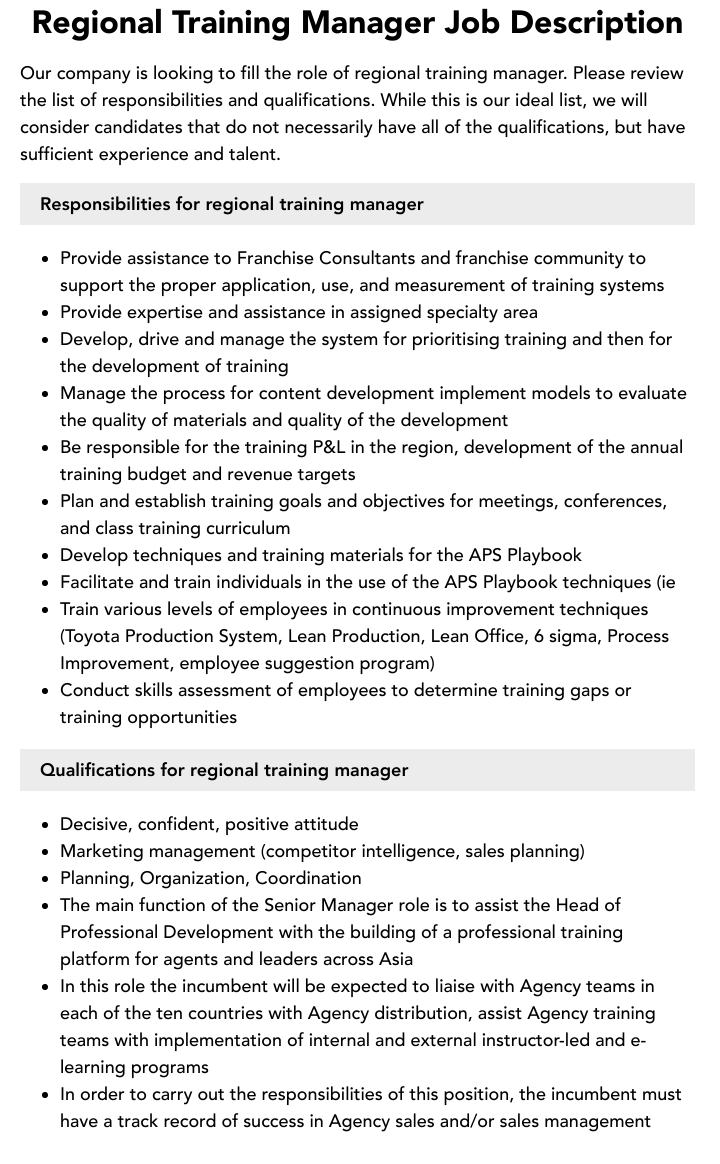 Regional Training Manager Job Description Velvet Jobs