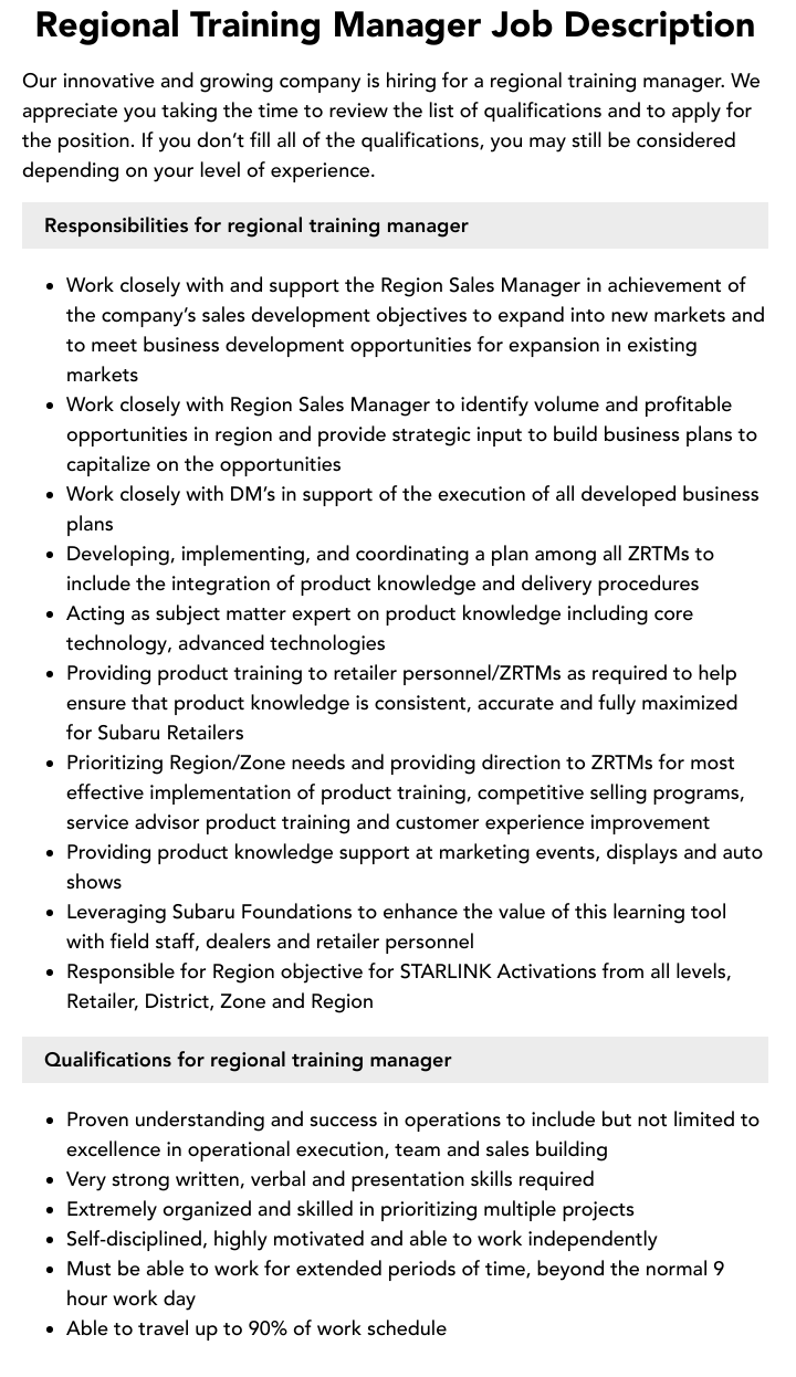Regional Training Manager Job Description Velvet Jobs