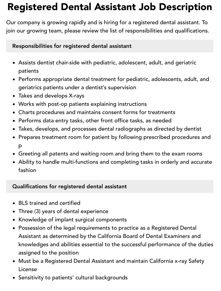 Registered Dental Assistant Job Description Velvet Jobs