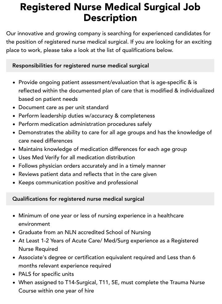 Registered Nurse Medical Surgical Job Description Velvet Jobs Registered Nurse Medical Surgical Job Description Velvet Jobs