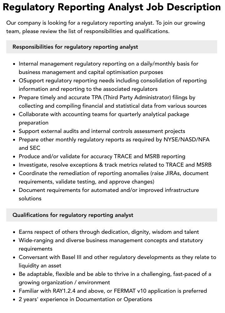 Regulatory Reporting Analyst Job Description Velvet Jobs Regulatory Reporting Analyst Job Description Velvet Jobs