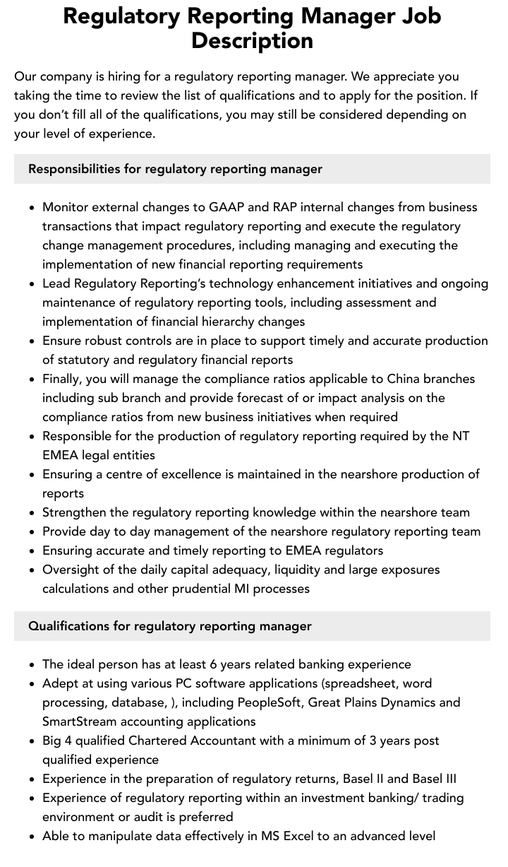 Regulatory Reporting Manager Job Description Velvet Jobs