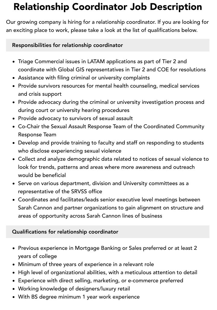 Relationship Coordinator Job Description Velvet Jobs