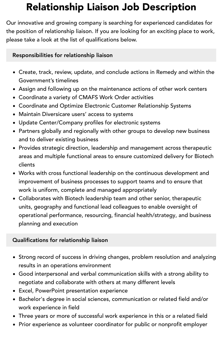 Relationship Liaison Job Description Velvet Jobs Relationship Liaison Job Description Velvet Jobs