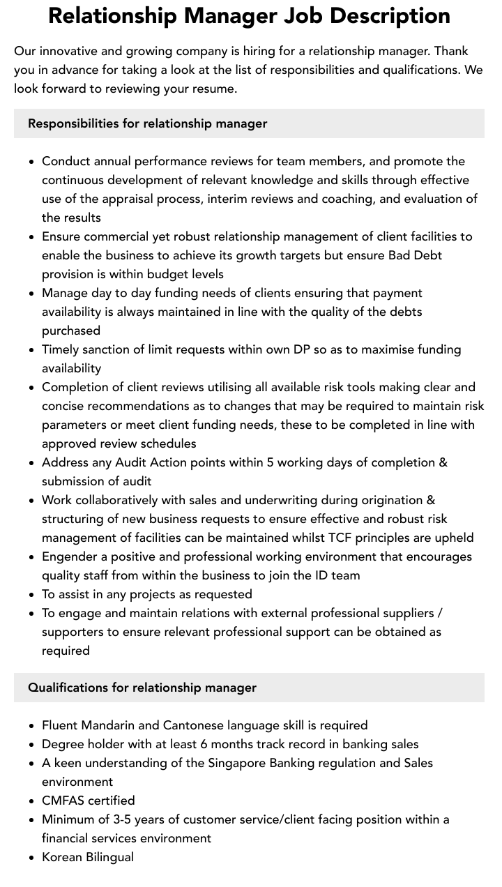 Relationship Manager Job Description Velvet Jobs