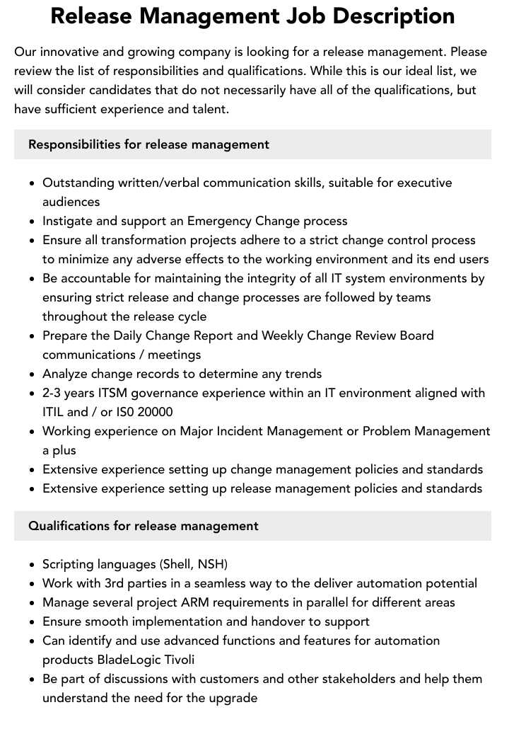 Release Management Job Description Velvet Jobs Release Management Job Description Velvet Jobs