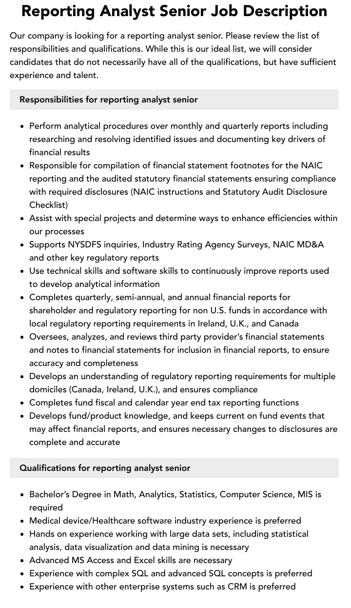 Reporting Analyst Senior Job Description Velvet Jobs Reporting Analyst Senior Job Description Velvet Jobs