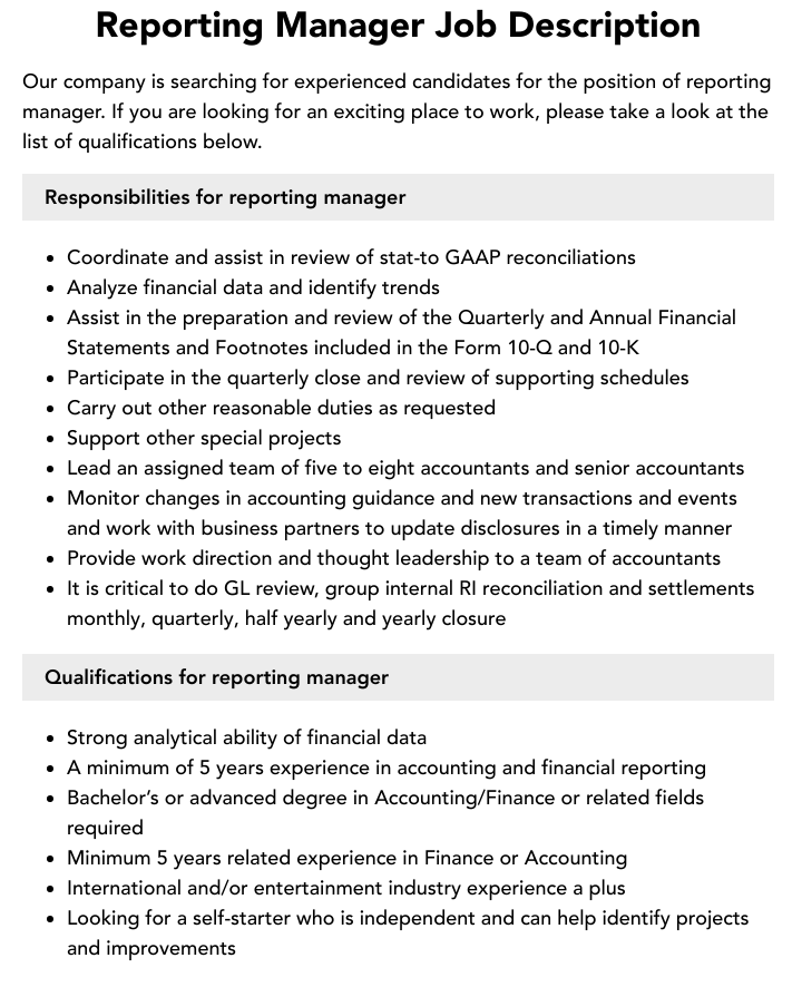 Reporting Manager Job Description Velvet Jobs