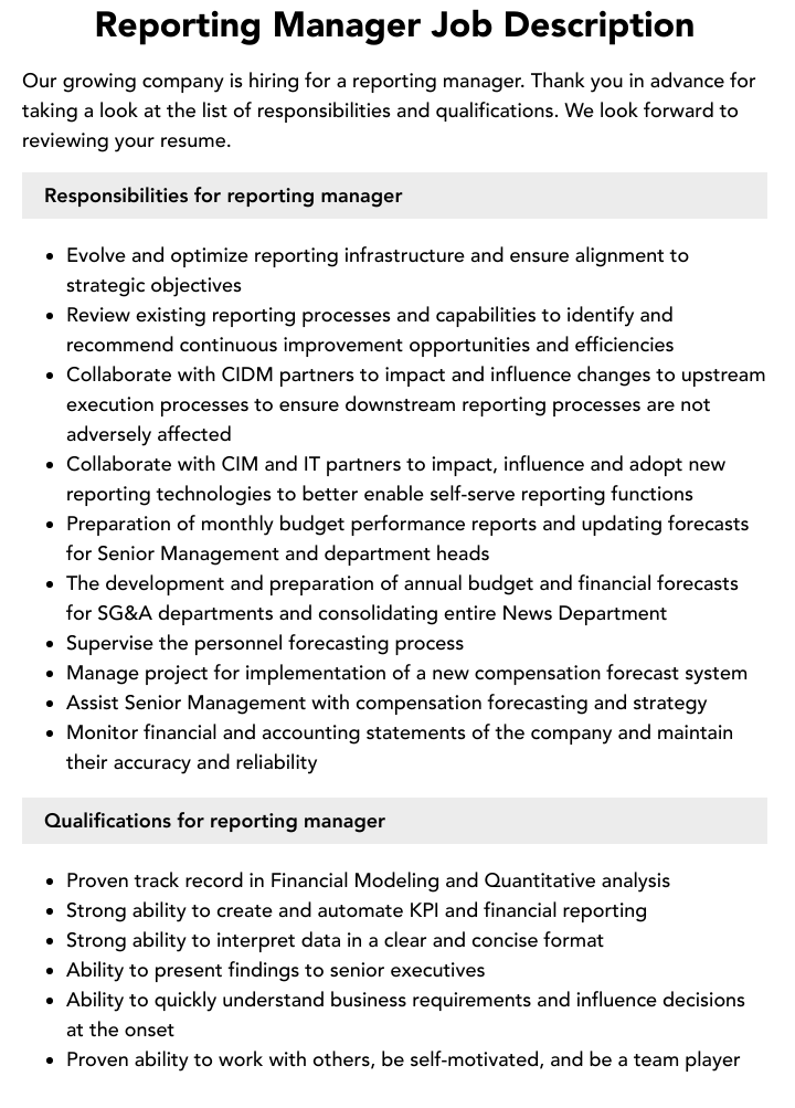 Reporting Manager Job Description Velvet Jobs Reporting Manager Job Description Velvet Jobs