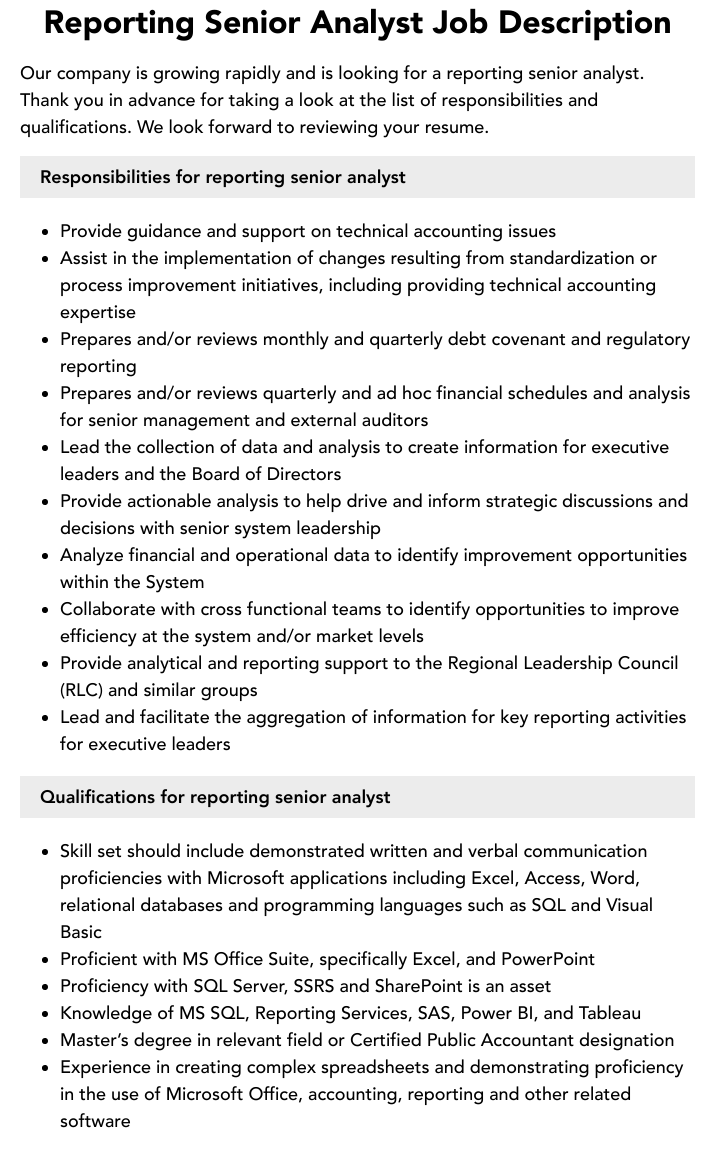 Reporting Senior Analyst Job Description Velvet Jobs Reporting Senior Analyst Job Description Velvet Jobs
