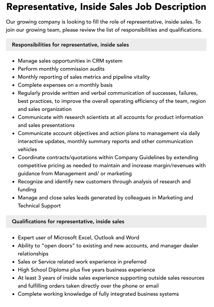 Representative Inside Sales Job Description Velvet Jobs