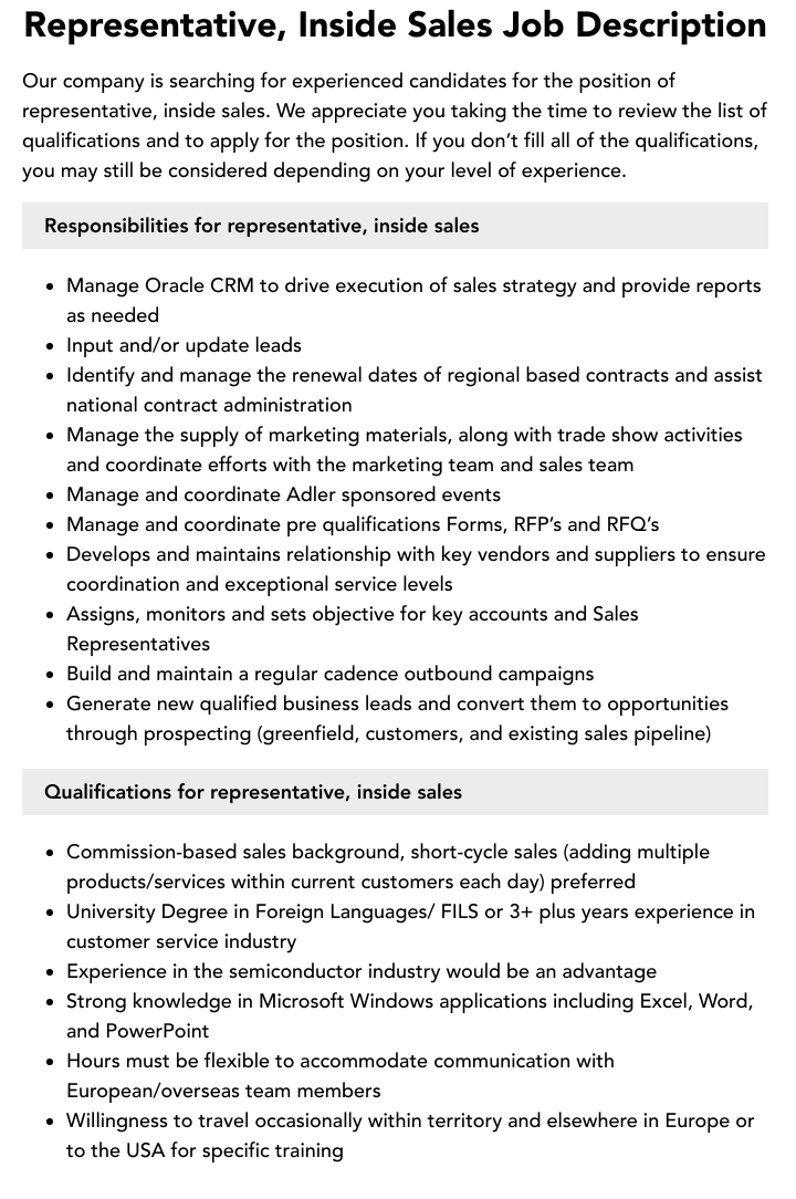Representative Inside Sales Job Description Velvet Jobs