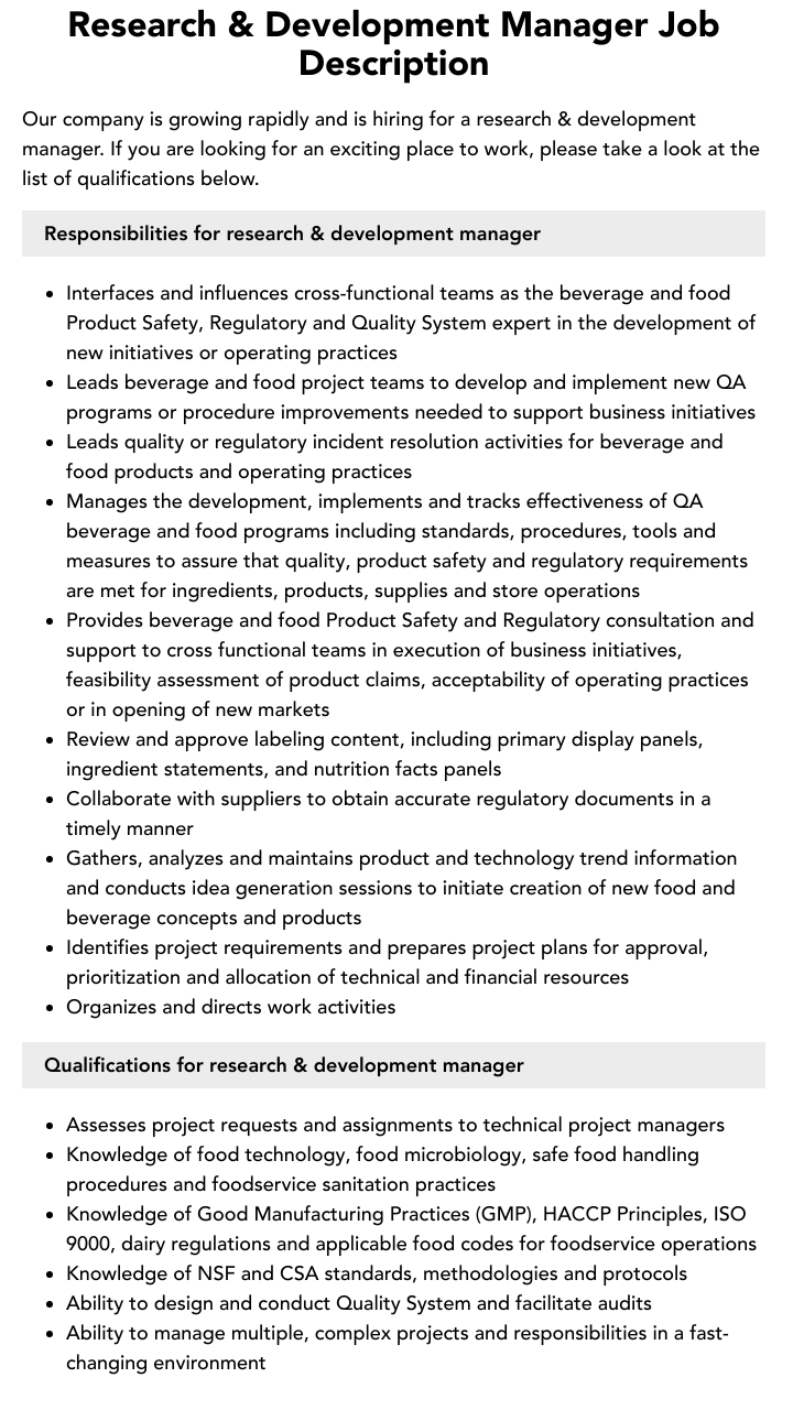 Research Development Manager Job Description Velvet Jobs