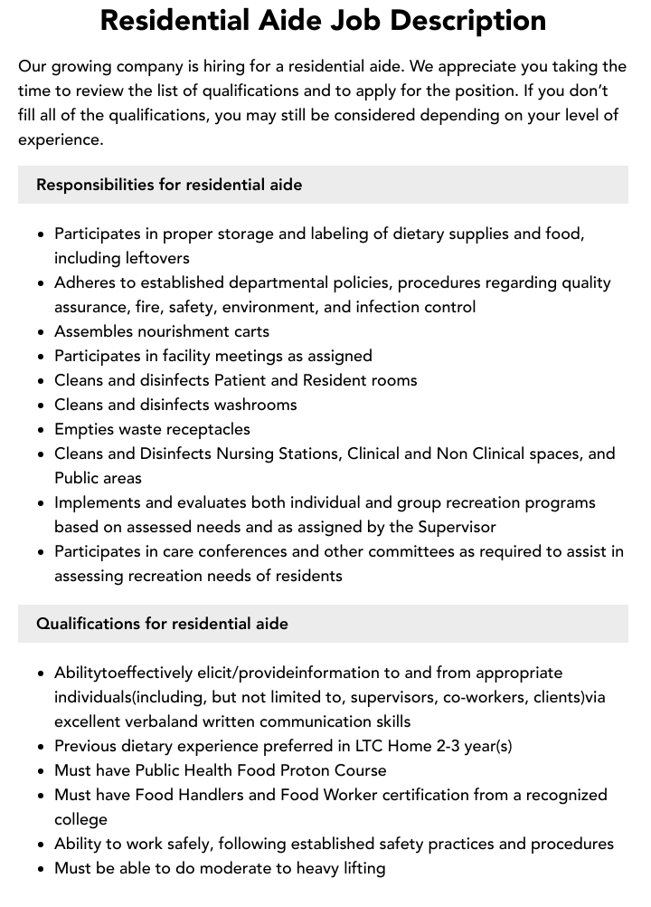 Residential Aide Job Description Velvet Jobs Residential Aide Job Description Velvet Jobs