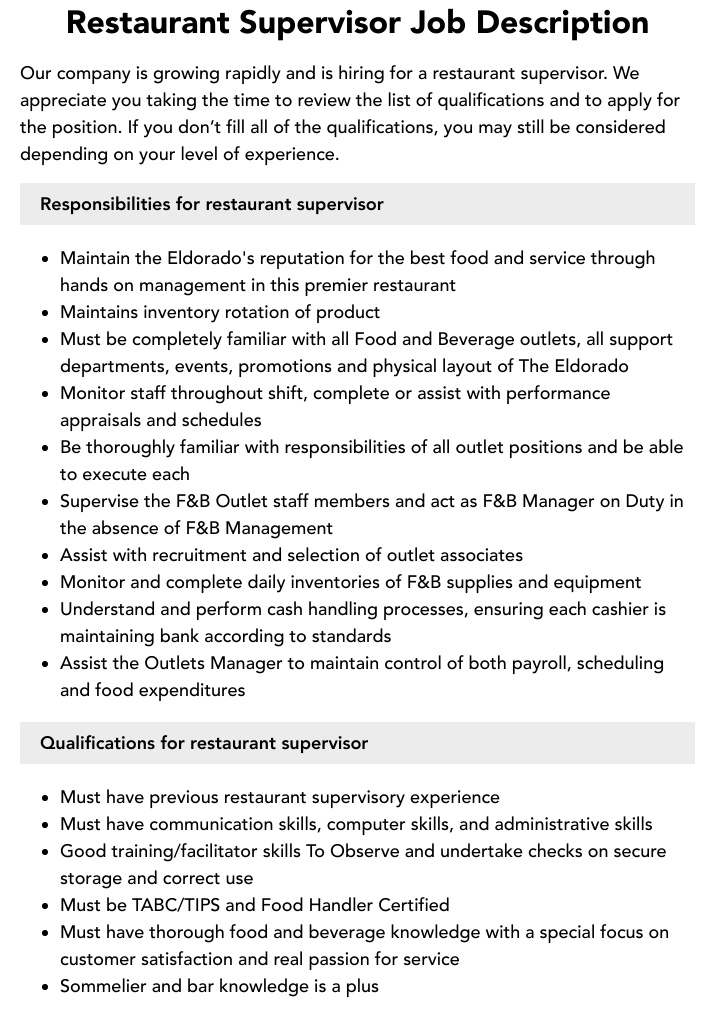 Restaurant Floor Supervisor Duties And Responsibilities Viewfloor co