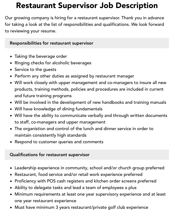 Restaurant Supervisor Job Description Velvet Jobs