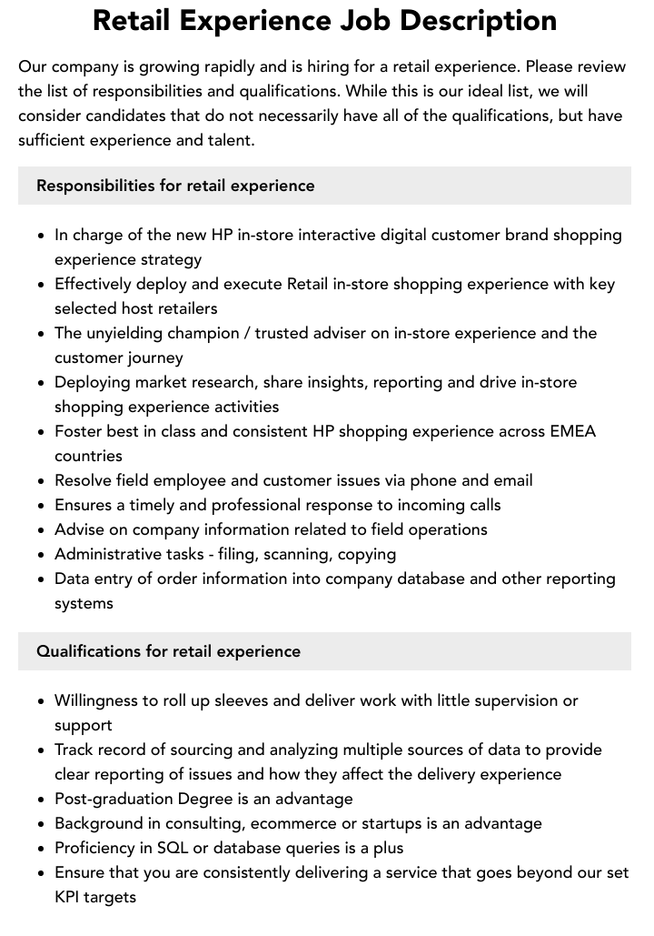 Retail Experience Job Description Velvet Jobs