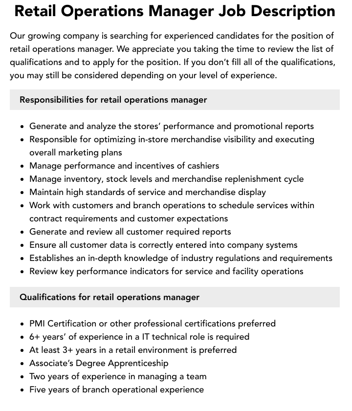 Retail Operations Manager Job Description Velvet Jobs