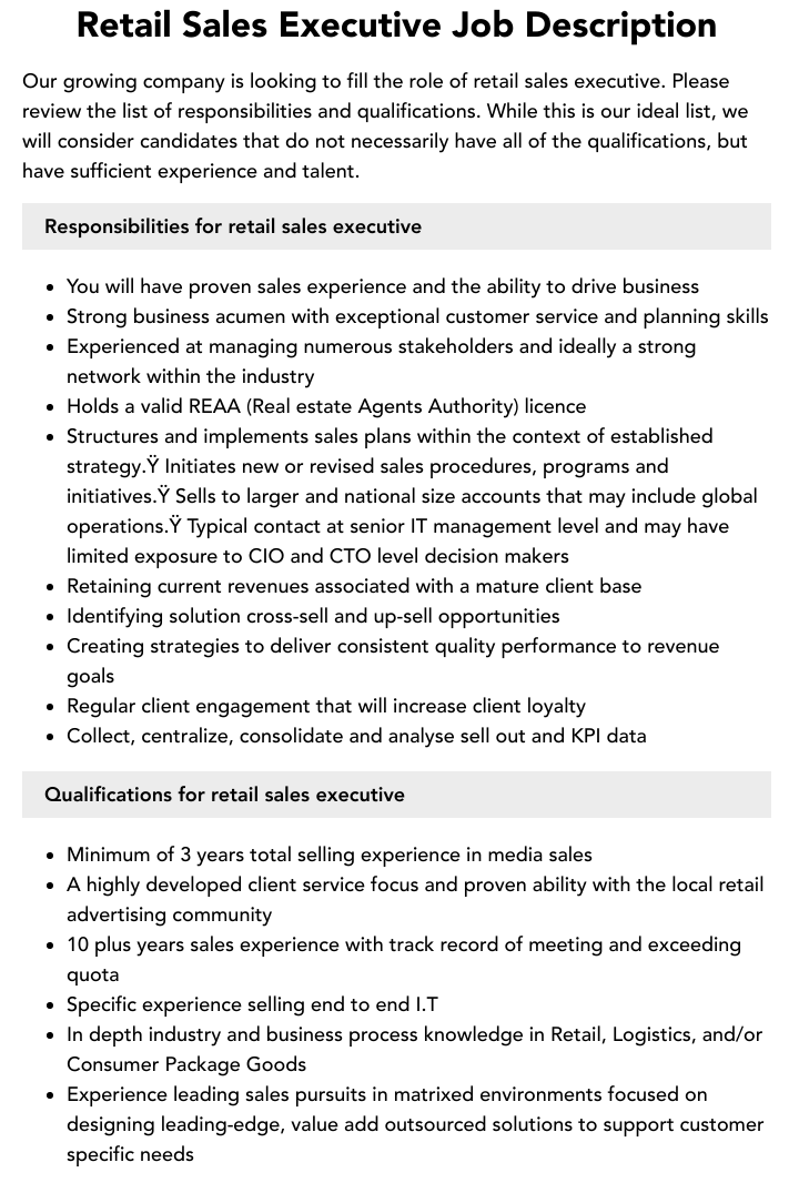 Retail Sales Executive Job Description Velvet Jobs