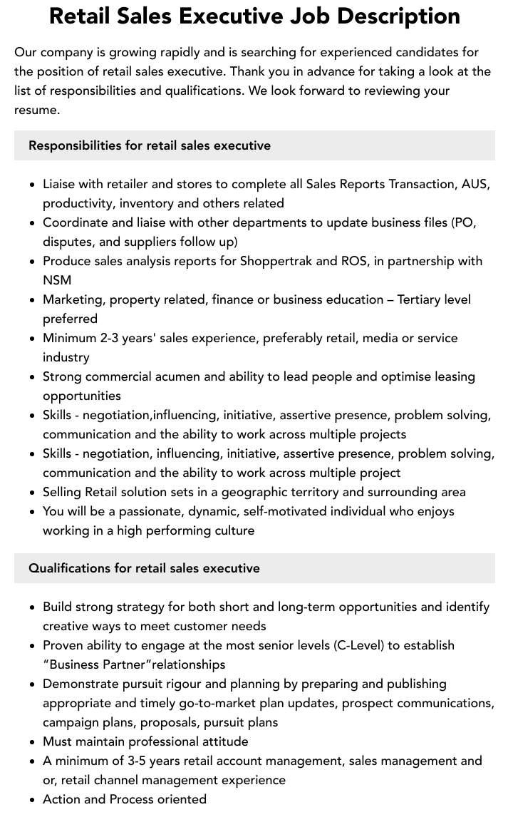 Retail Sales Executive Job Description Velvet Jobs