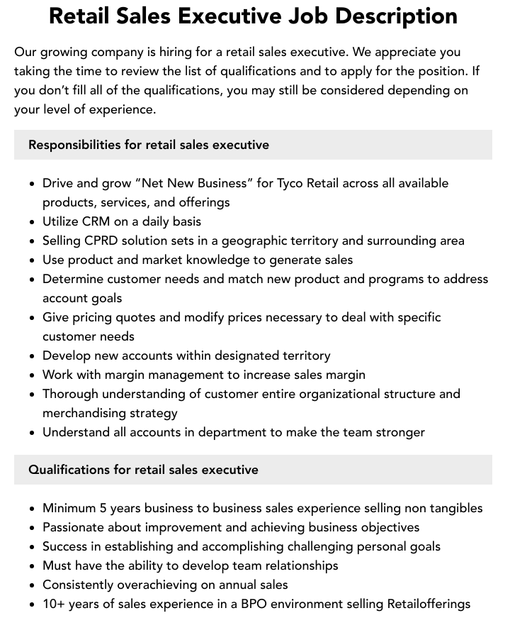 Retail Sales Executive Job Description Velvet Jobs