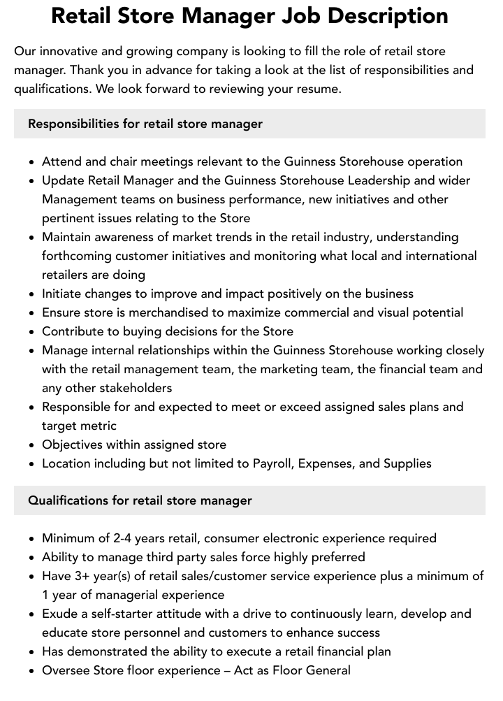 Retail Store Manager Job Description Velvet Jobs