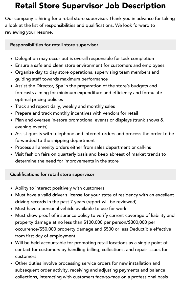 Retail Store Supervisor Job Description Velvet Jobs