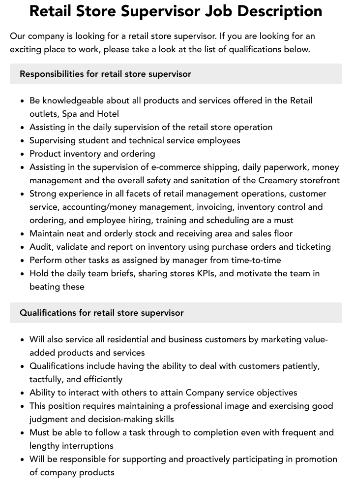 Retail Store Supervisor Job Description Velvet Jobs