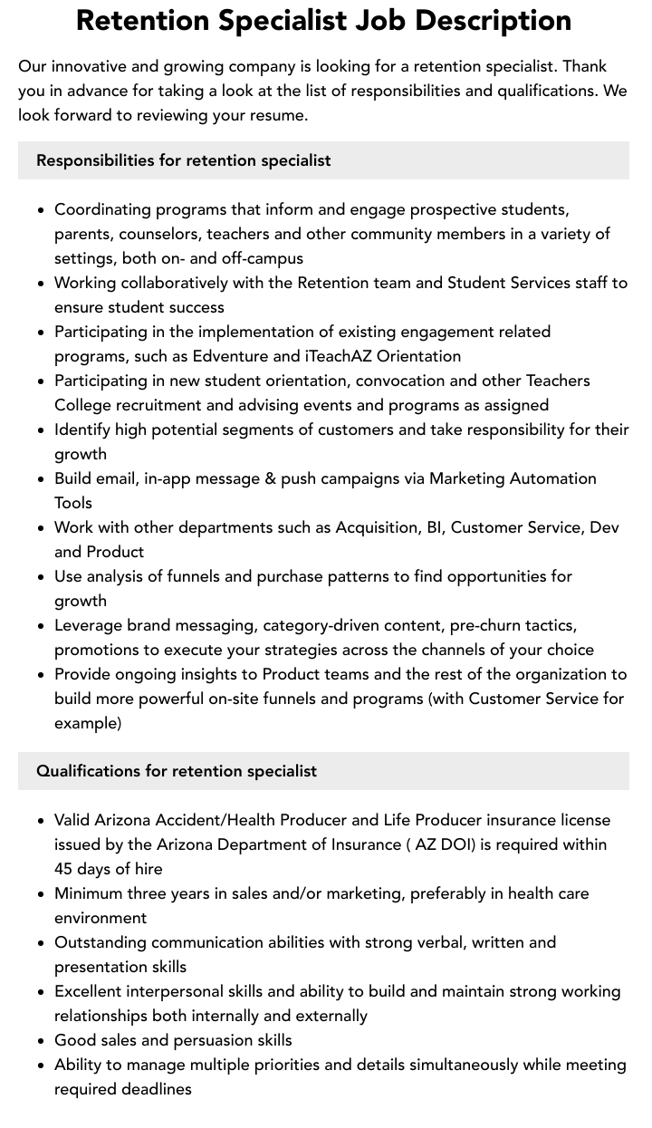 Retention Specialist Job Description Velvet Jobs Retention Specialist Job Description Velvet Jobs