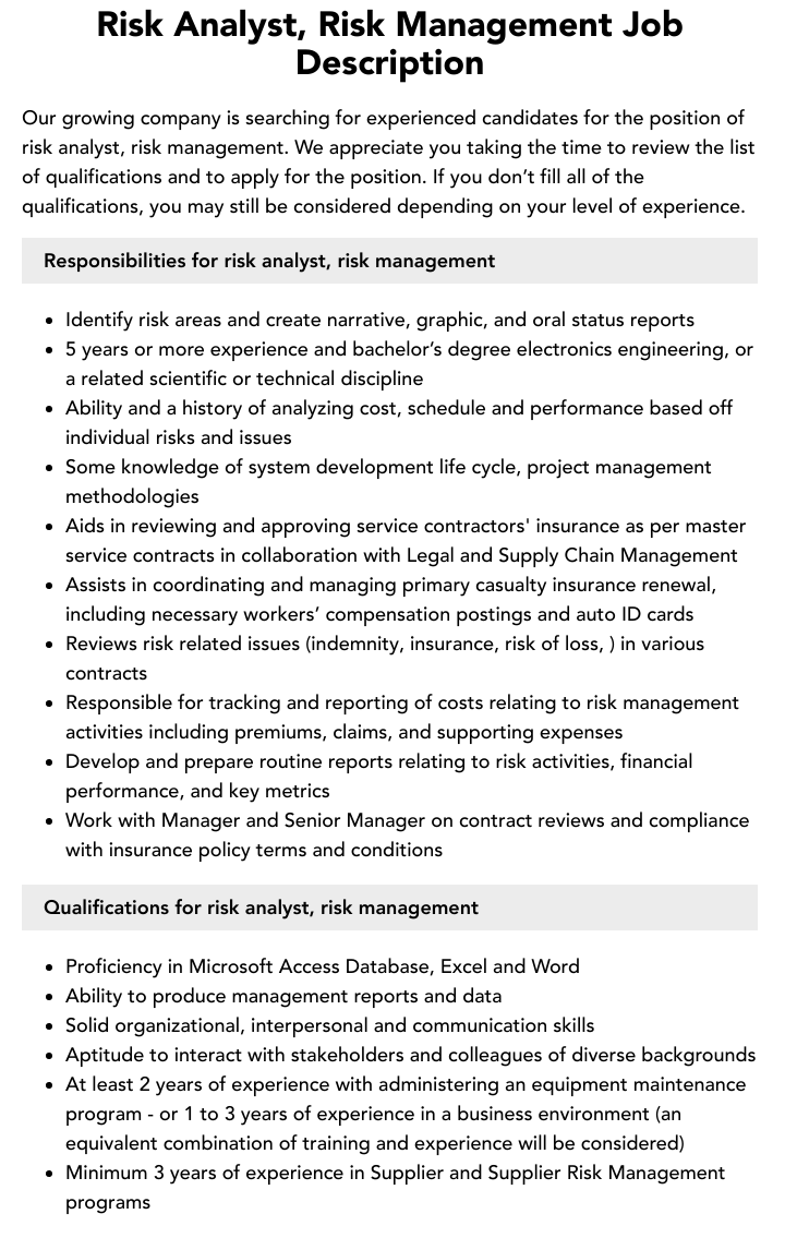 Risk Analyst Risk Management Job Description Velvet Jobs
