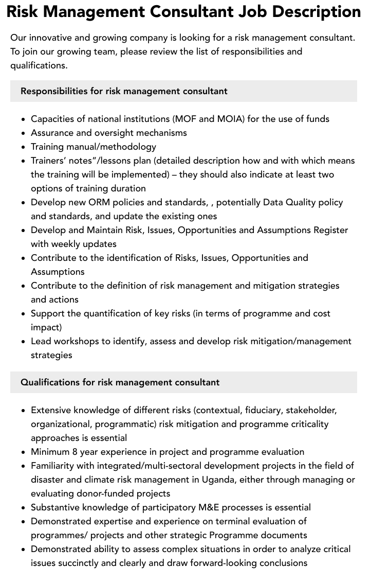 Risk Management Consultant Job Description Velvet Jobs Risk Management Consultant Job Description Velvet Jobs
