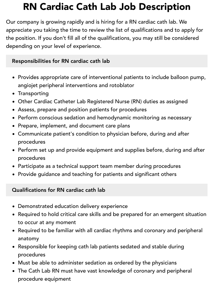 RN Cardiac Cath Lab Job Description Velvet Jobs RN Cardiac Cath Lab Job Description Velvet Jobs