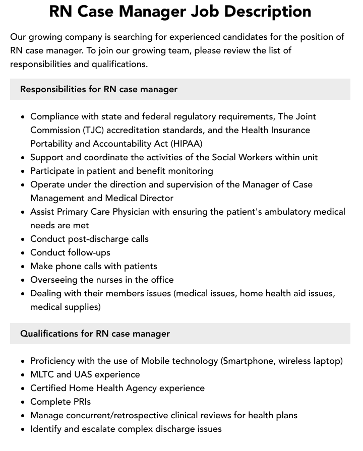 RN Case Manager Job Description Velvet Jobs