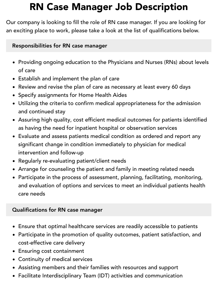 RN Case Manager Job Description Velvet Jobs